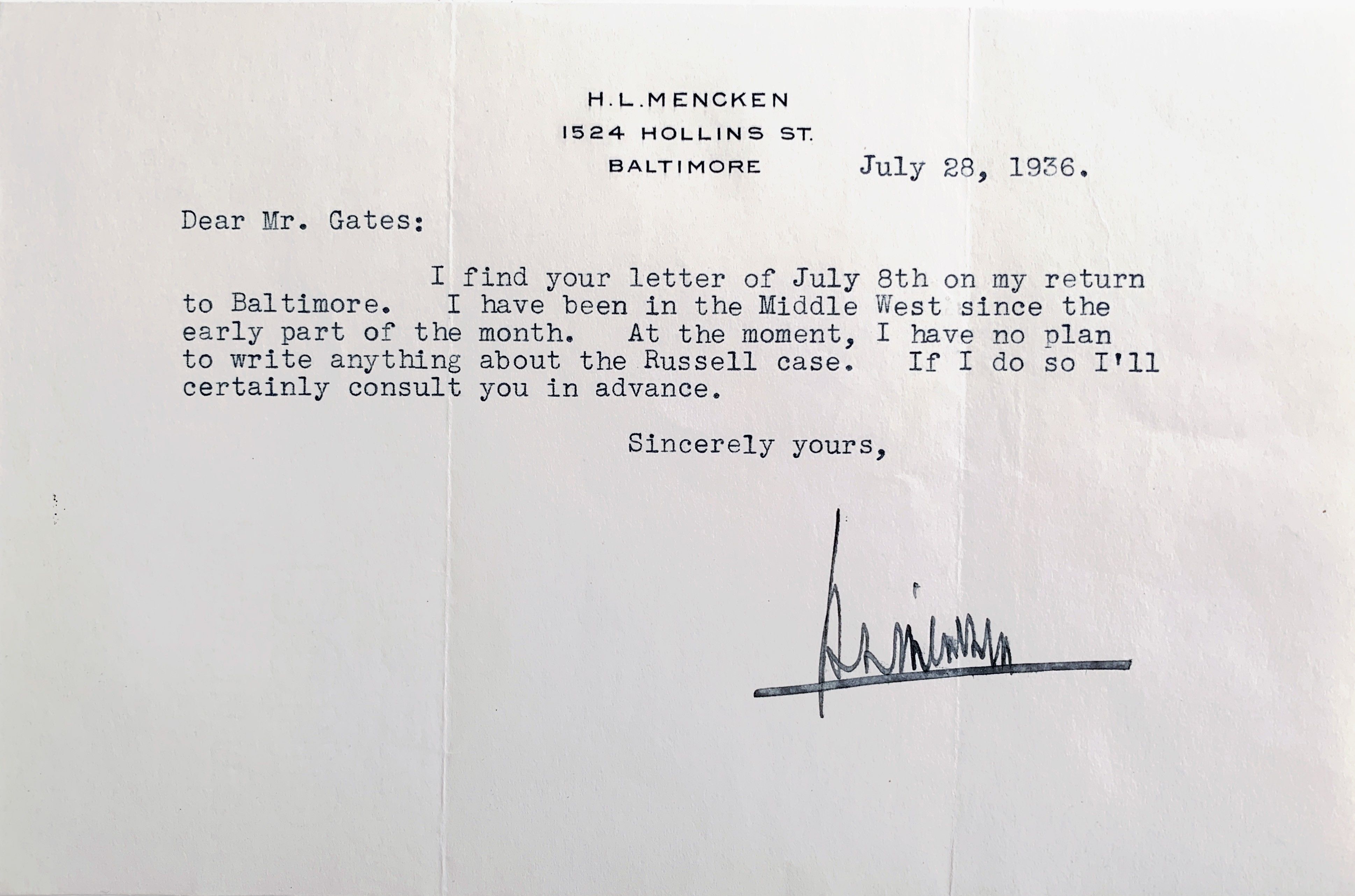 [20 TYPED LETTERS SIGNED from H.L. Mencken to [Arnold Francis Gates ...