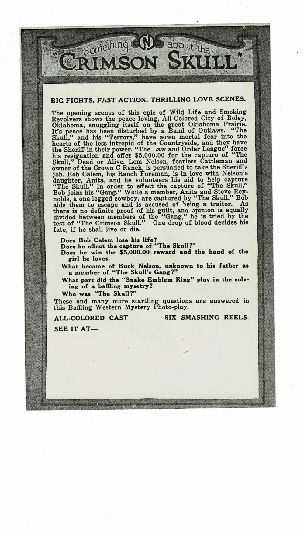 VINTAGE AFRICAN AMERICAN MOVIE THEATRE HANDBILL FOR THIS 1922 FILM WITH ...