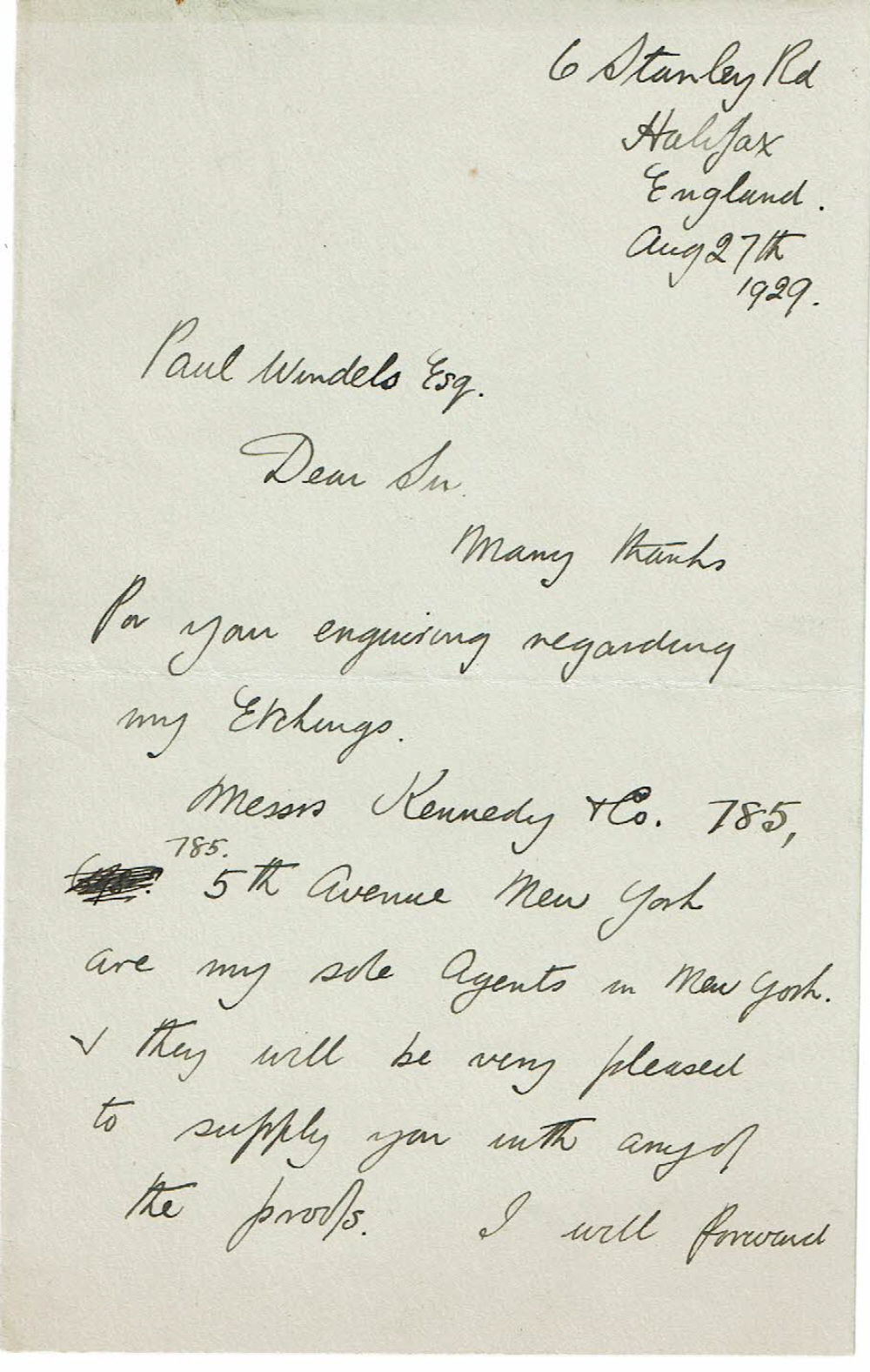 AUTOGRAPH LETTER TO PAUL WINDELS SIGNED BY HALIFAX ETCHER AND ...