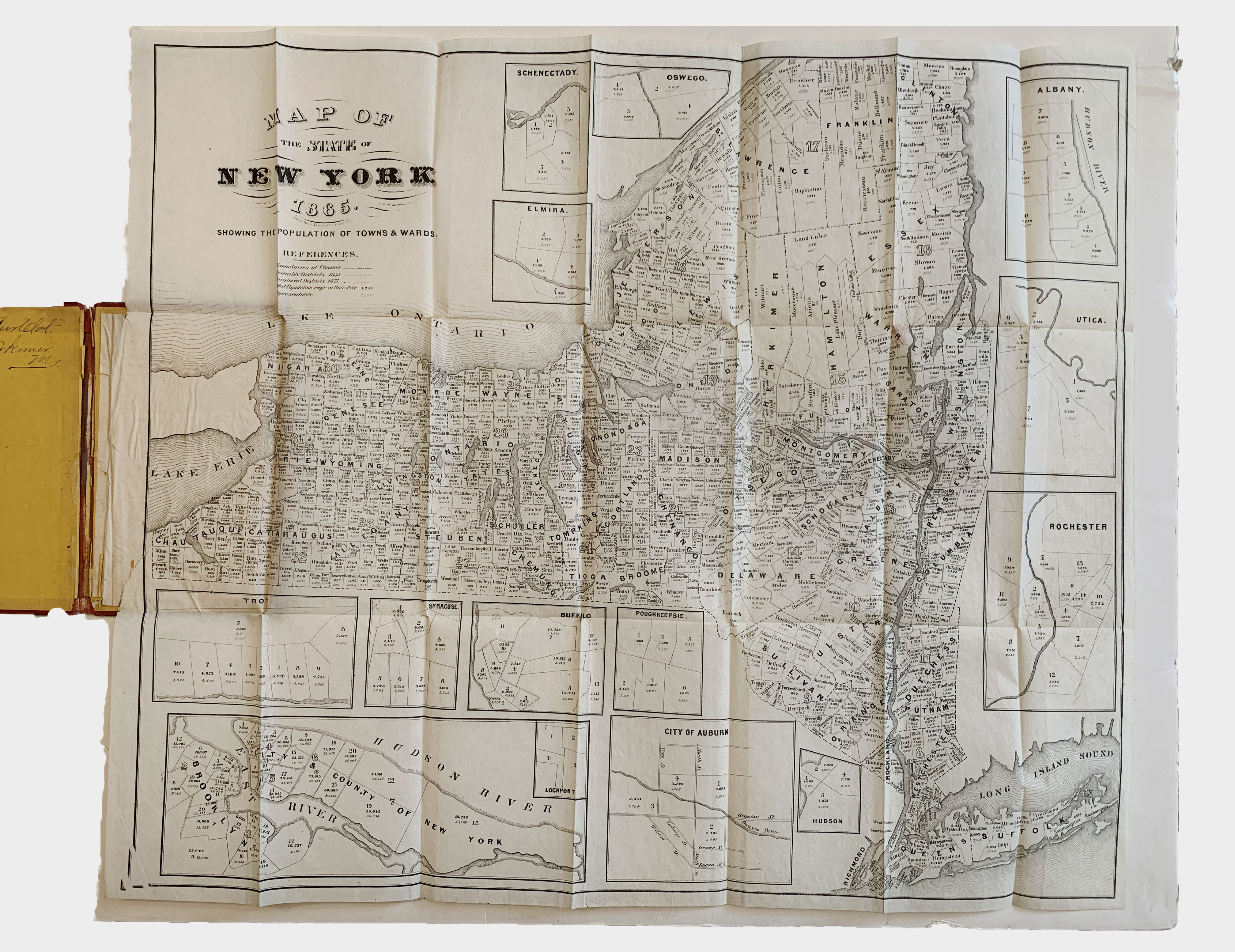 Map of the state of New York 1865. Showing the population of towns & wards.